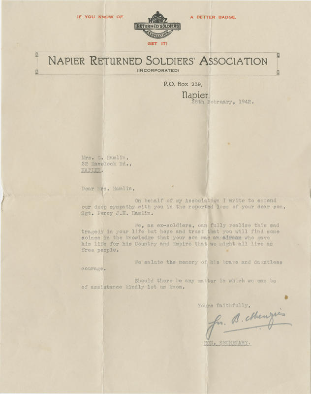 Letter, Napier RSA to Mrs Hamlin - MTG Hawkes Bay
